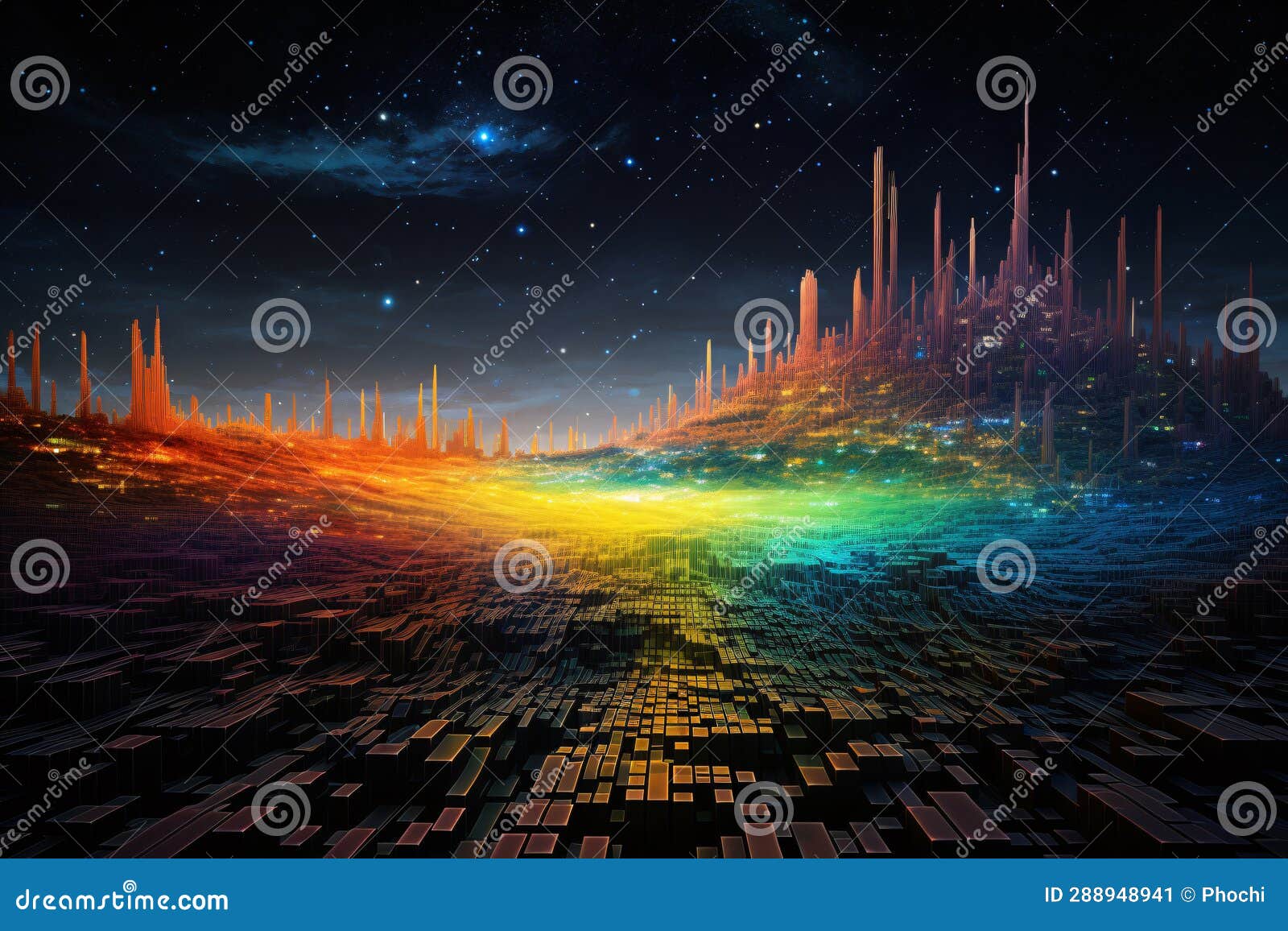 Abstract Digital Landscape with Colorful Data Points Glowing in the ...