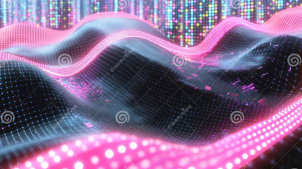 Abstract Digital Landscape with Flowing Waves and Vibrant Pixel Patterns Stock Illustration ...