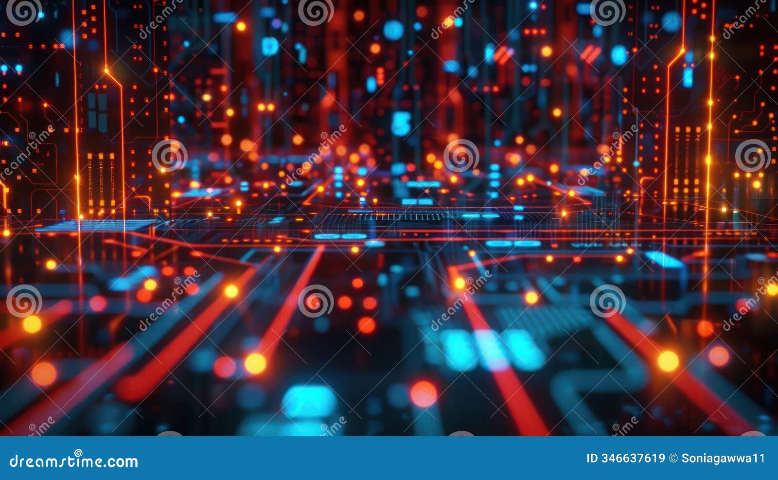 Abstract Digital Landscape with Glowing Circuits and Data Nodes Stock ...