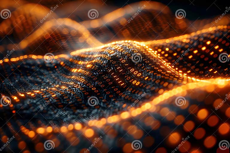 Abstract Digital Landscape of Glowing Orange Binary Code Waves for Tech Backgrounds Generative ...