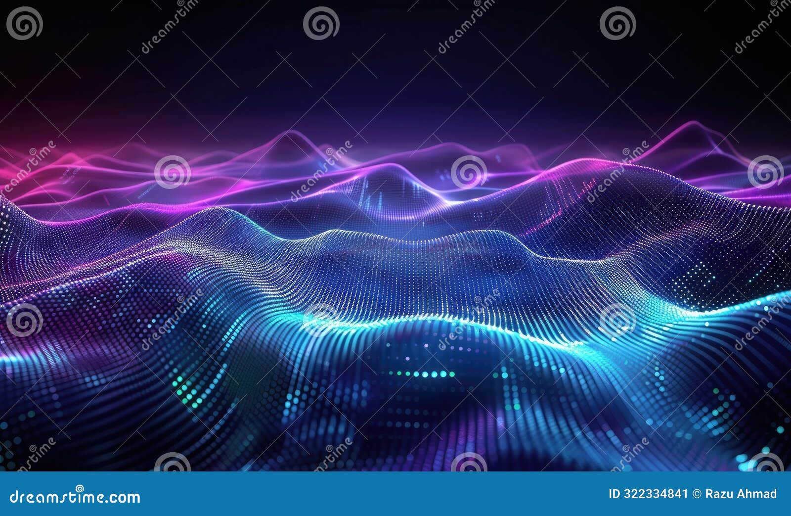 Abstract Digital Landscape with Glowing Particles. Futuristic Wave with Depth of Field and Bokeh ...