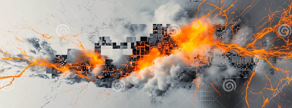 Abstract Digital Landscape with Orange Lightning and Pixel ...