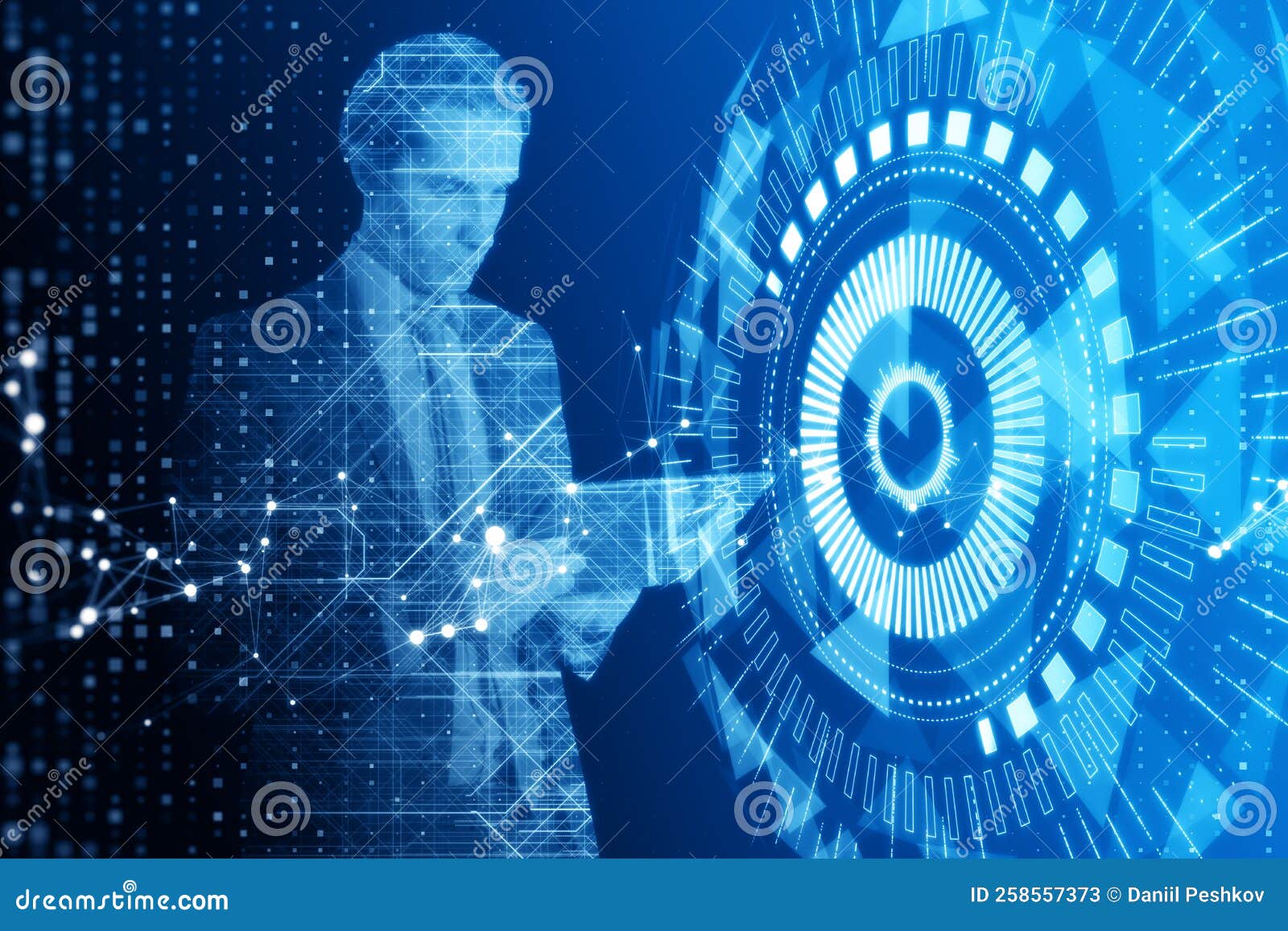 Abstract Digital Man Silholuette with Hud Screen or Button on Blurry ...