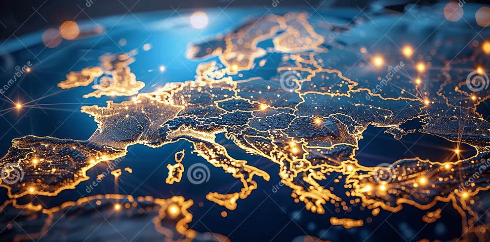 Abstract Digital Map of Europe with Global Network Connections and Data ...
