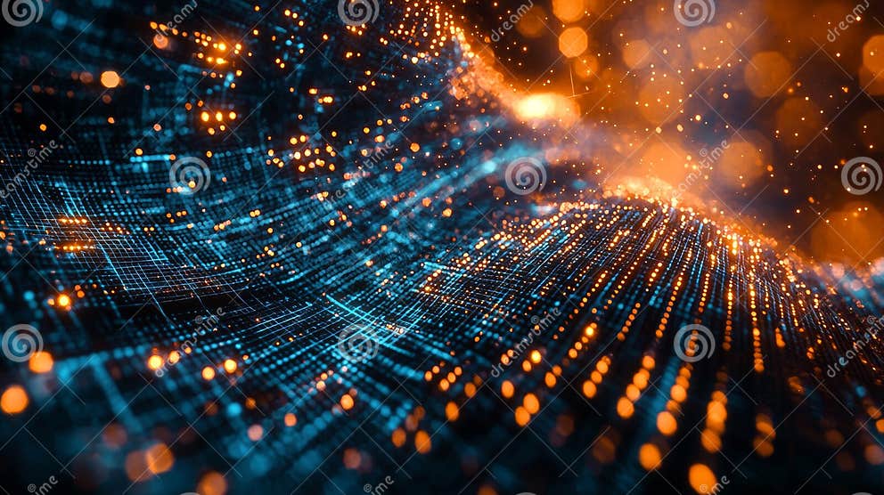 Abstract Digital Matrix with Orange and Blue Glowing Particles Stock ...