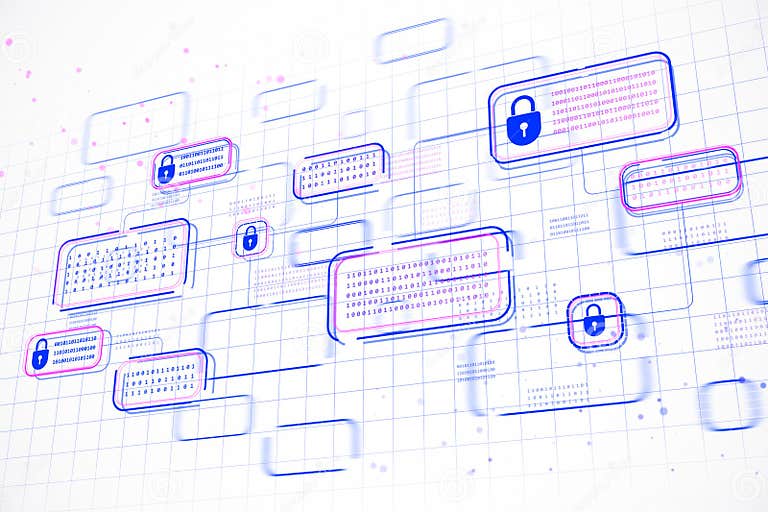 Abstract Digital Network with Security Locks and Binary Code on Gradient Background. 3D ...