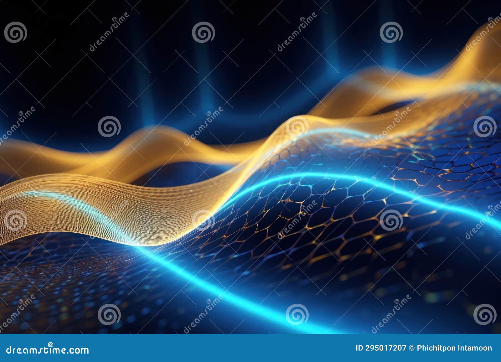Abstract Digital Network Waves and Glowing Blue and Orange Particle ...