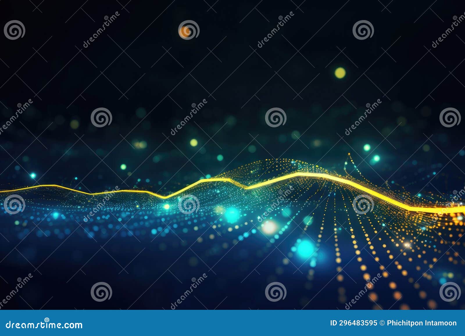 Abstract Digital Network Waves and Glowing Blue and Orange Particle ...