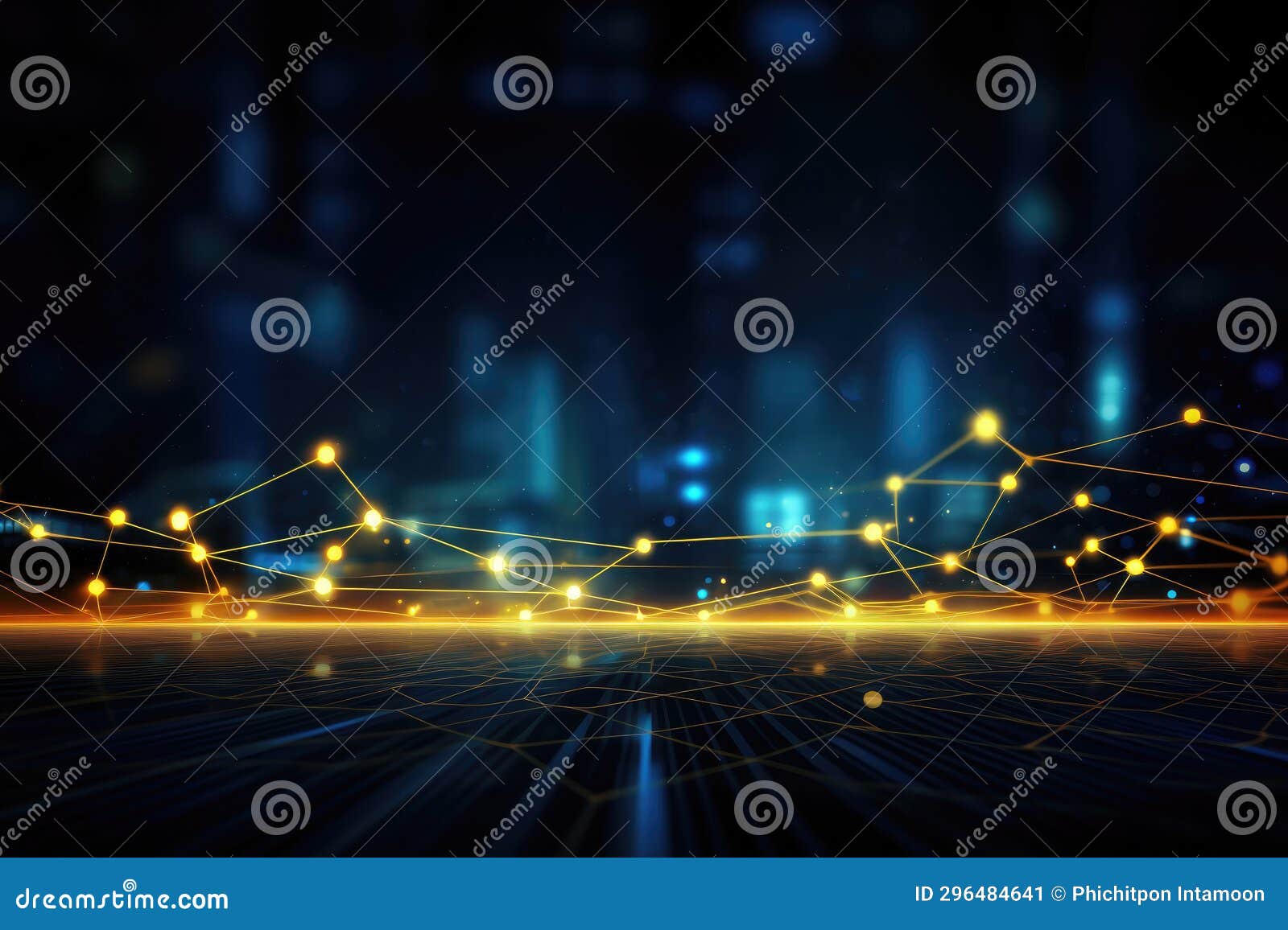 Abstract Digital Network Waves and Glowing Blue and Orange Particle ...