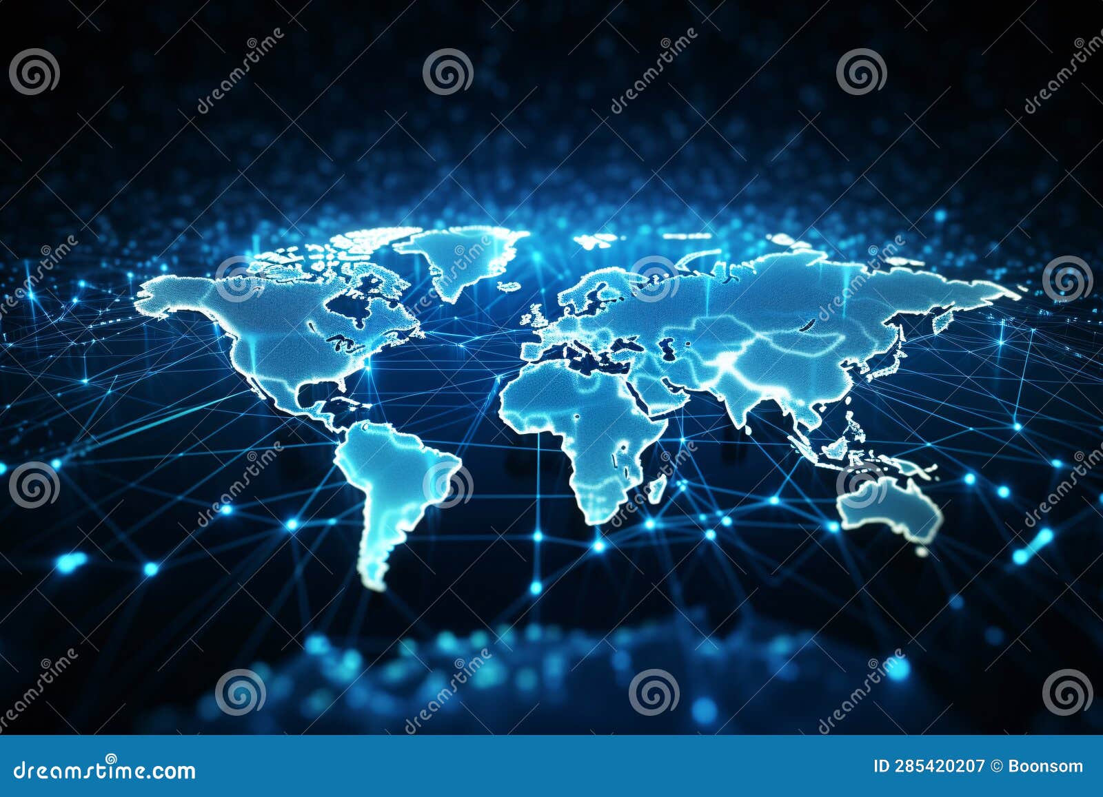 Abstract Digital Network World Map on Dark Blue Background. Technology ...