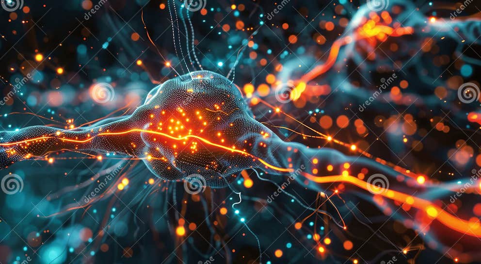 Abstract Digital Neuron with Glowing Lines and Particles Stock Photo ...