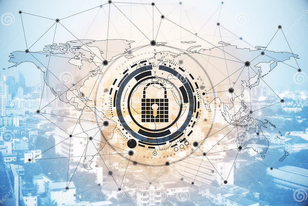 Abstract Digital Padlock, Polygonal and World Map Stock Photo - Image ...