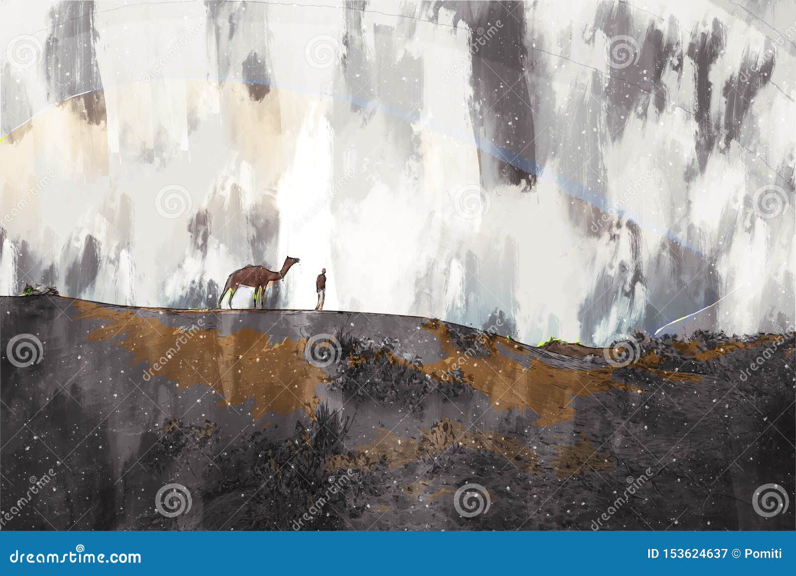 Abstract Digital Painting of Desert with Man and Camel on Sand Dune ...