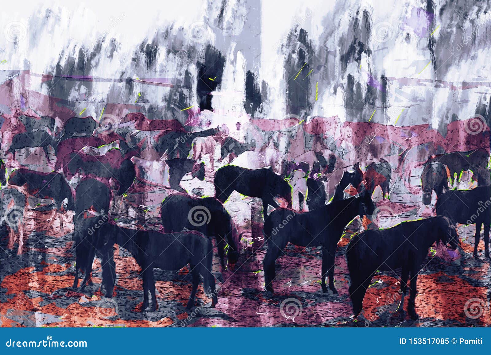 Abstract Digital Painting of Horses in Farm Stock Illustration ...