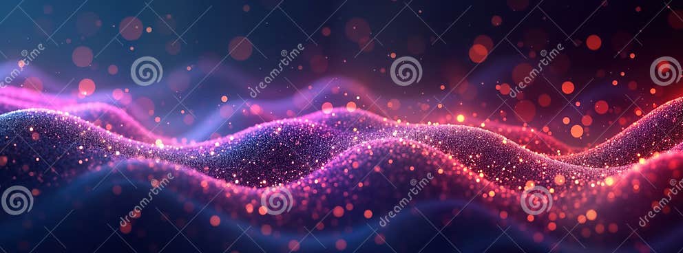 Abstract Digital Particles Form Wavy Pattern. Colorful Sparkling Elements Create Dynamic Motion ...