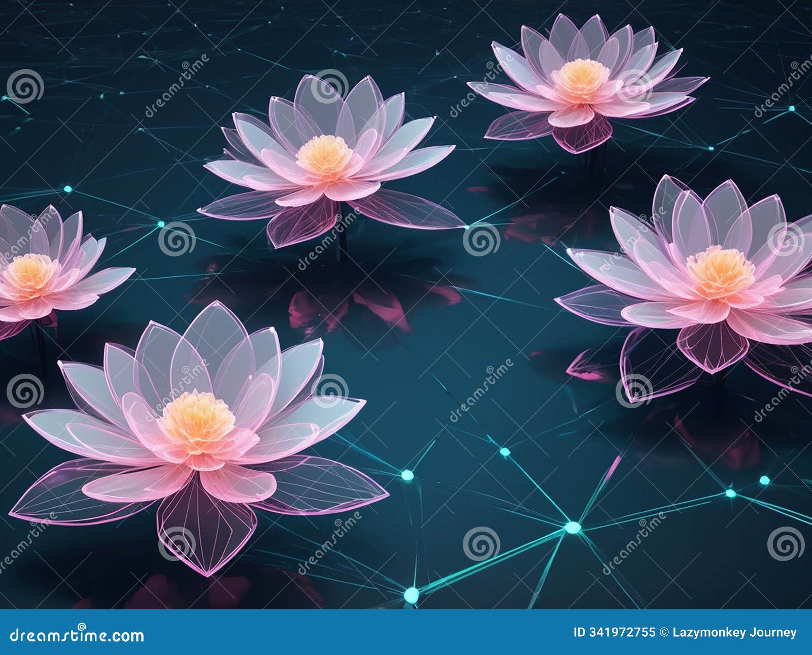 Abstract Digital Pink Flowers on the Water Wireframe Light Connection ...