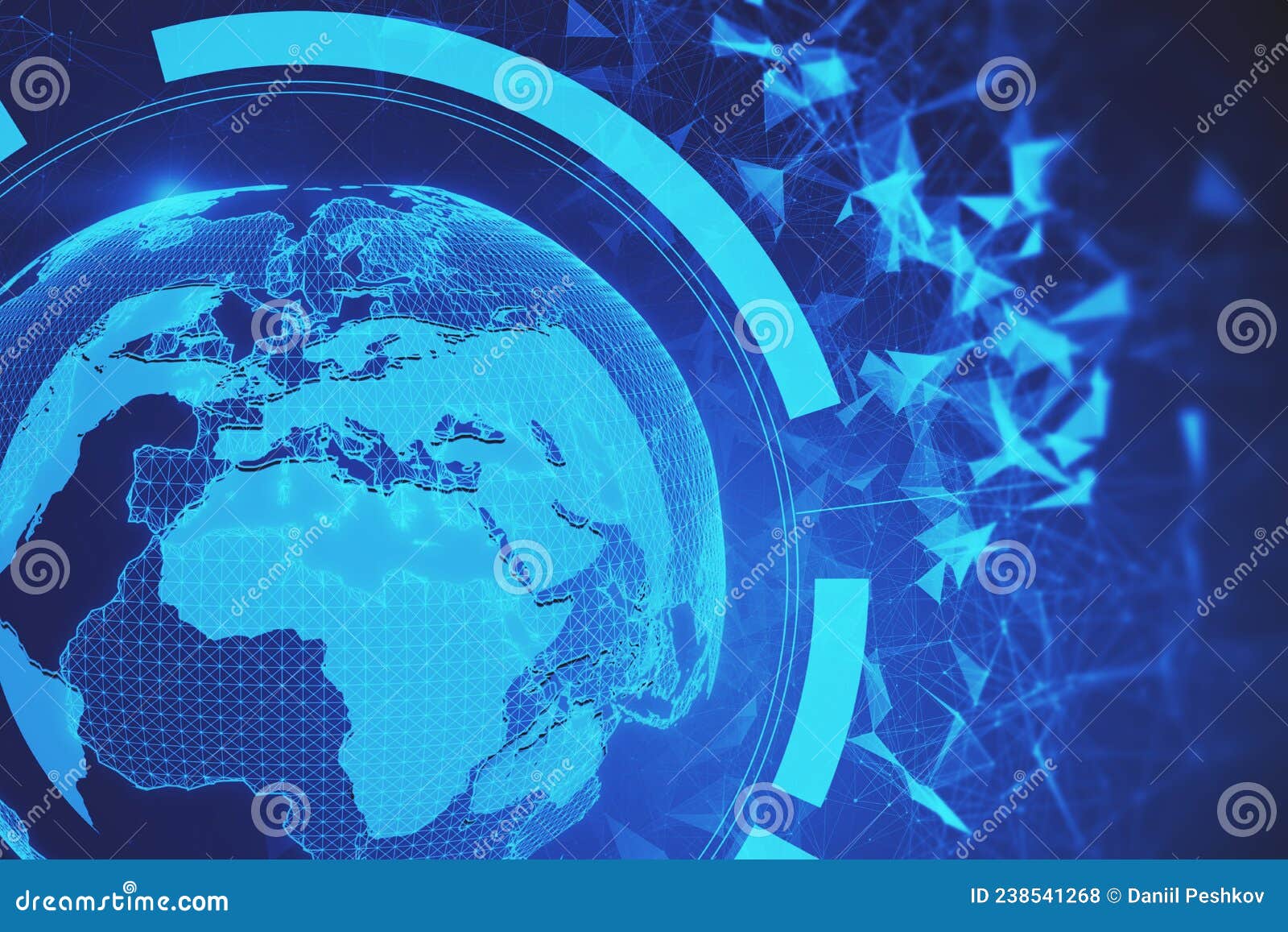 Abstract Digital Polygonal Globe on Blurry Blue Background. Technology ...