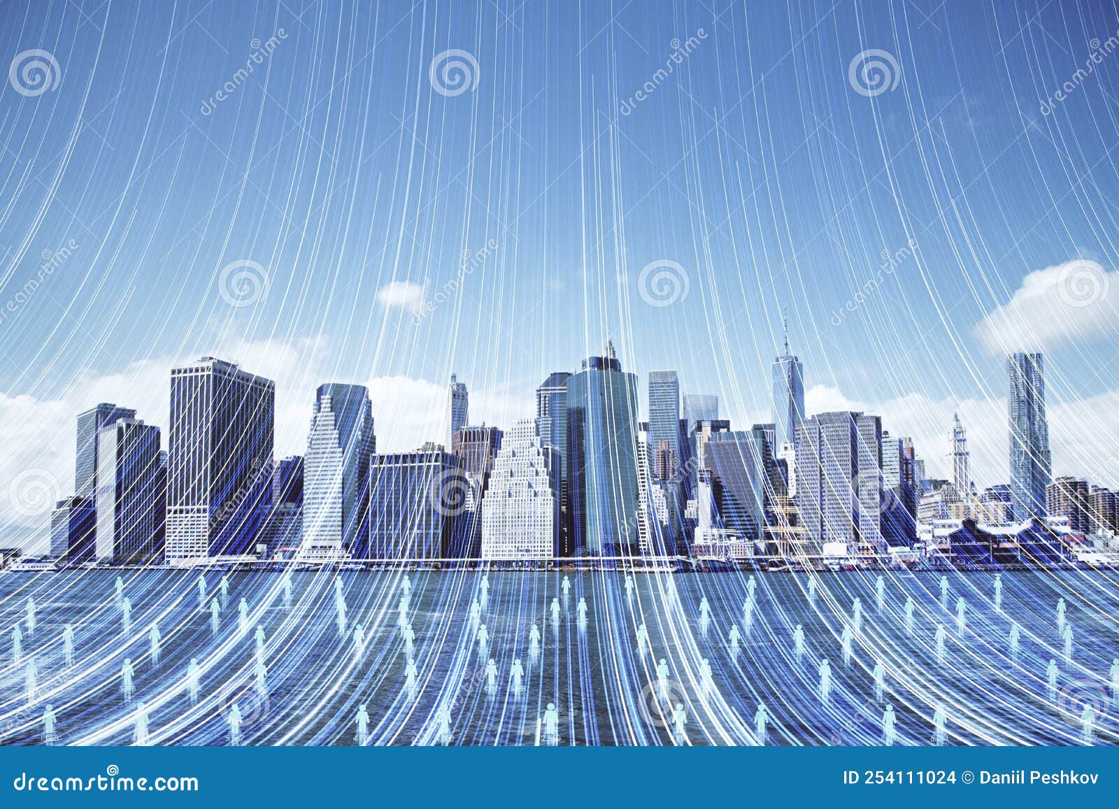 Abstract Digital Population Hologram on Creative City Backdrop. Cyber ...
