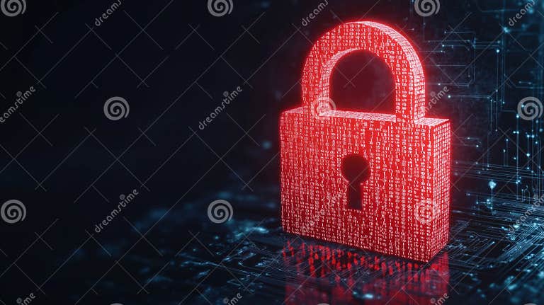 Abstract Digital Red Alert Padlock Shows Tech Security Risks. Binary ...