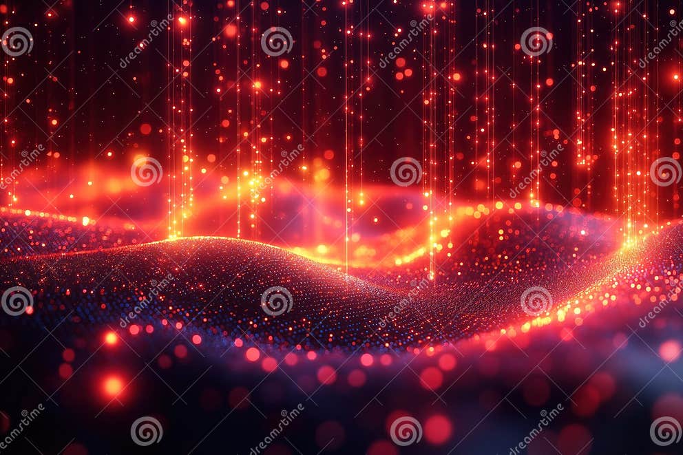 Abstract Digital Red Particles Flow with Streaming Light Rays. Dynamic ...