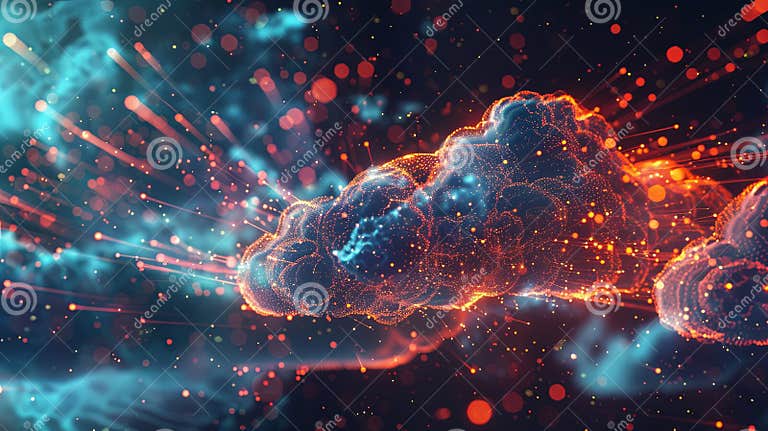 An Abstract Digital Rendering Depicting a Cloud Computing System with Data Processing and AI ...