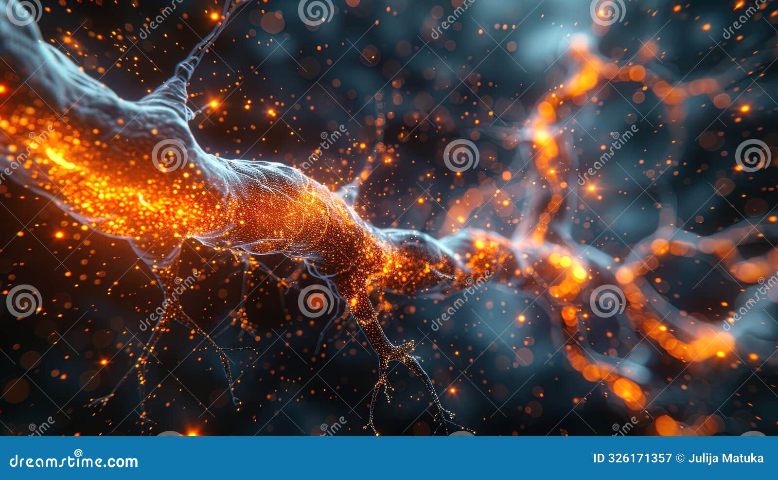 Abstract Digital Rendering of a Neuron with Glowing Orange Particles ...