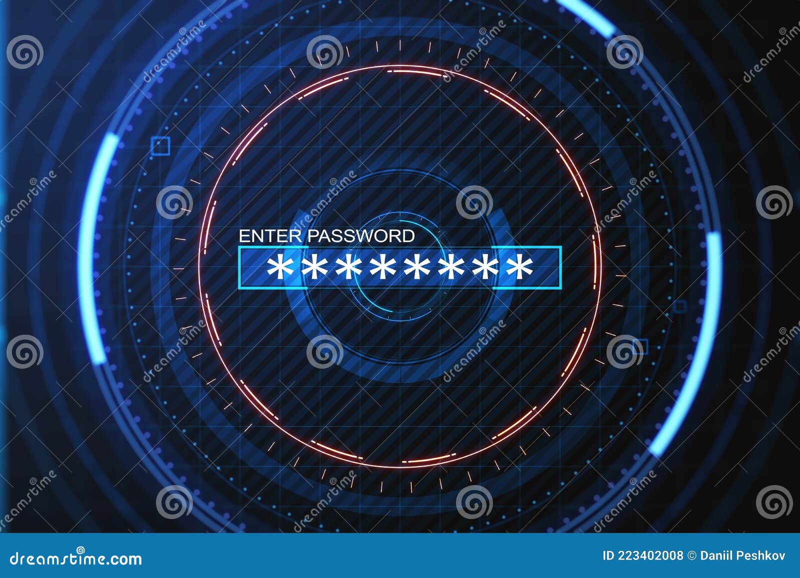 Abstract Digital Round Interface with Password Enter on Blue Background ...