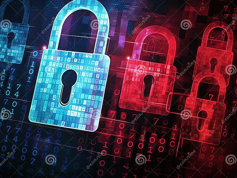 Abstract Digital Screen Displays A Lock Icon Binary Code And Encrypted Data Security Concept