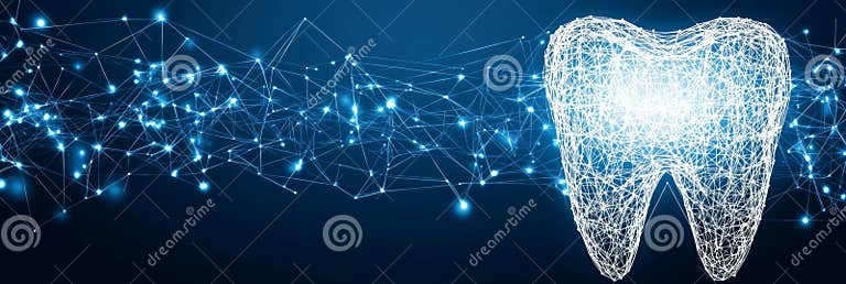 Abstract Digital Tooth on Blue Technology Background. Connected Dots ...