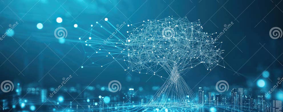 Abstract Digital Tree Made of White Lines and Dots on a Blue Background ...