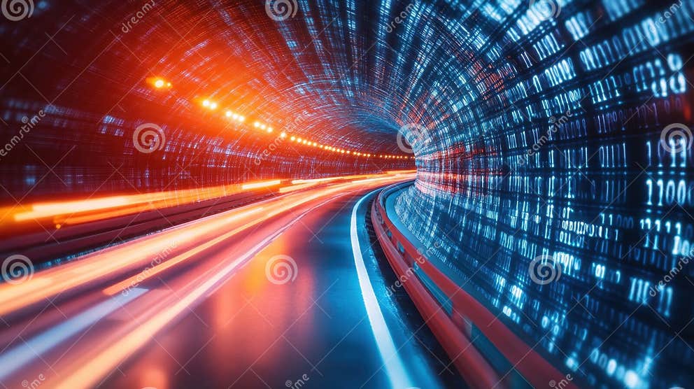 Abstract Digital Tunnel Background Binary Code Information Flows through Cyberspace Creating a ...