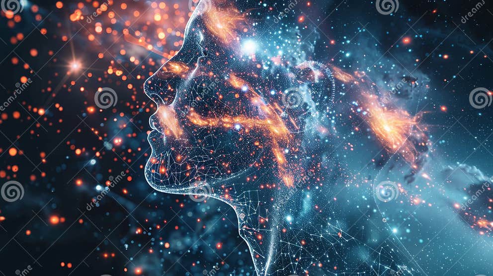 Abstract Digital Visualization of a Human Silhouette Intertwined with Cosmic Star Fields and ...