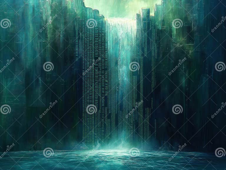 Abstract Digital Waterfall Cascades Down Futuristic Wall. Binary Code ...