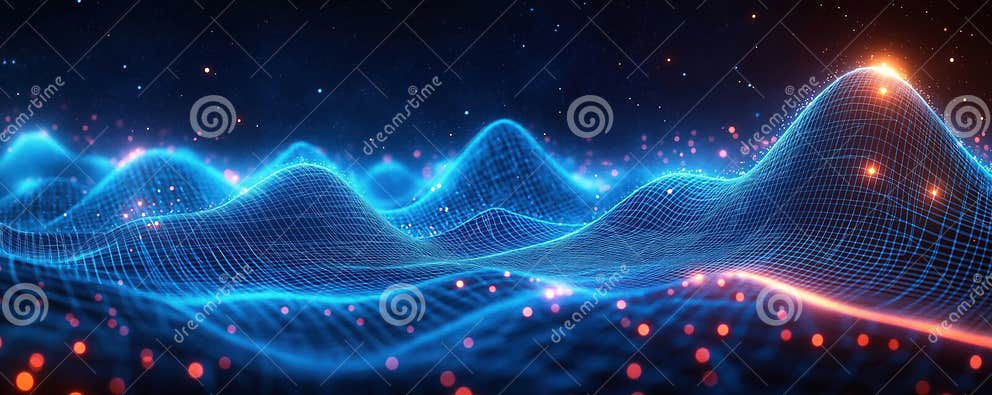 Abstract Digital Wave Pattern. Network Grid Effect and Glowing Points ...