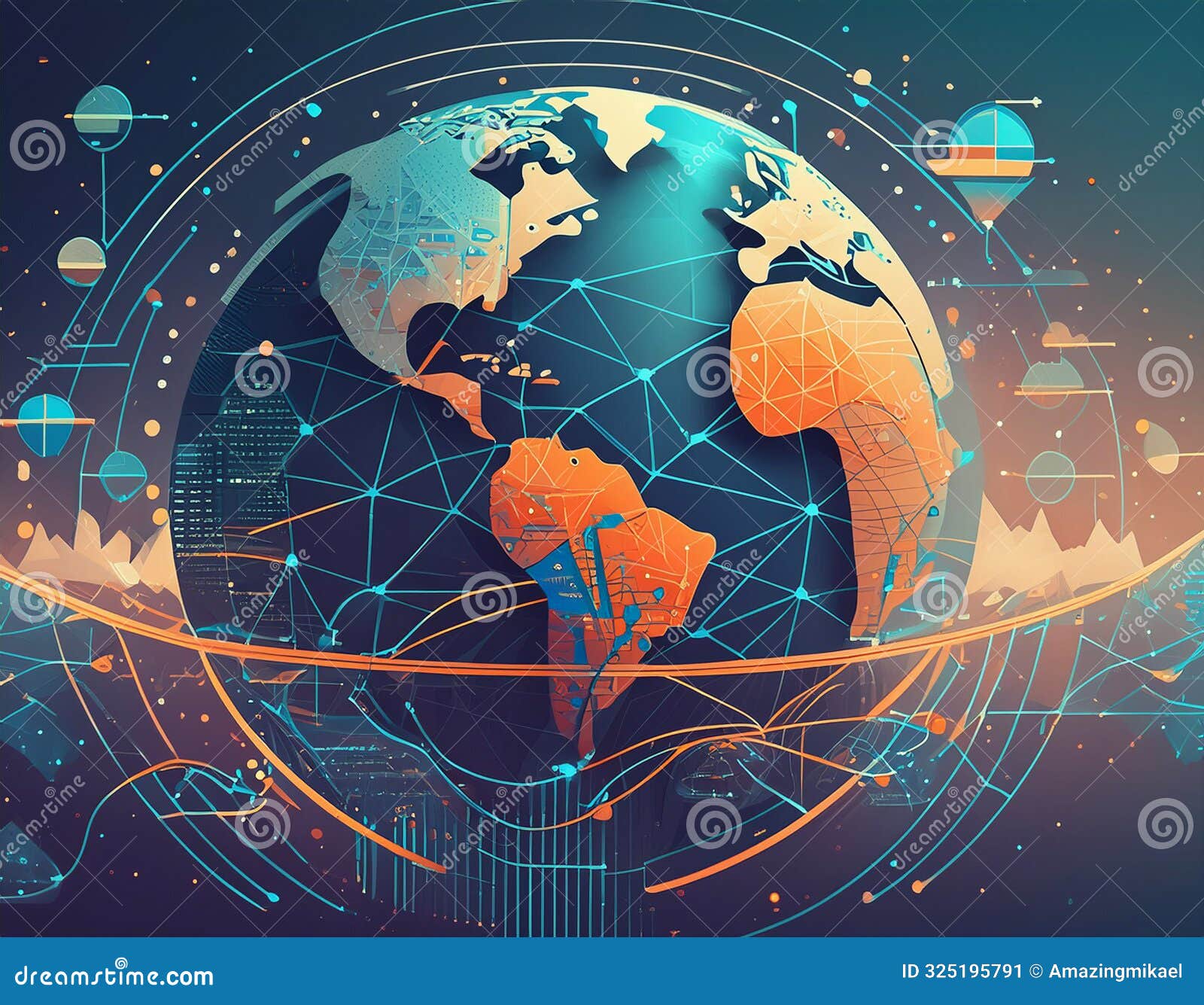 Abstract Digital World Illustration with Interconnected Nodes and ...
