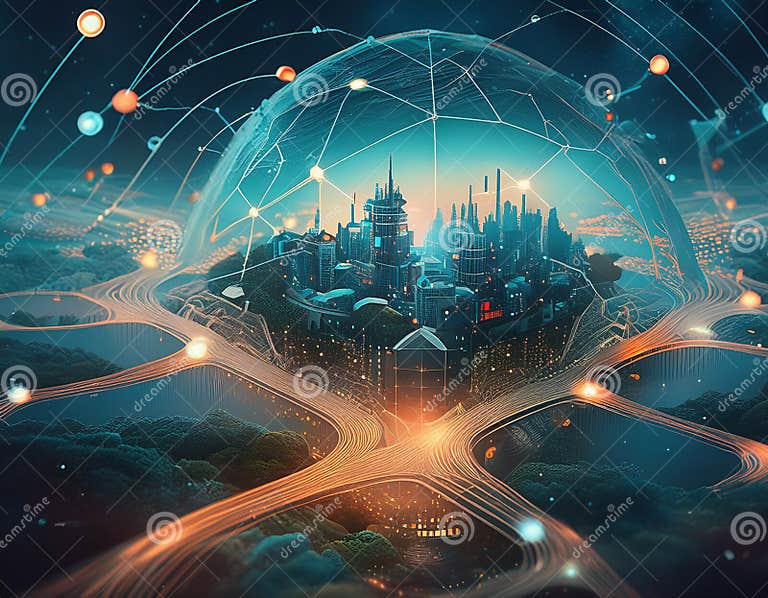 Abstract Digital World Illustration with Interconnected Nodes and ...