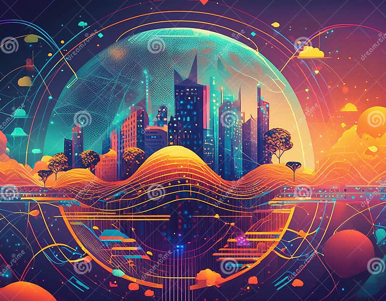 Abstract Digital World Illustration with Interconnected Nodes and ...