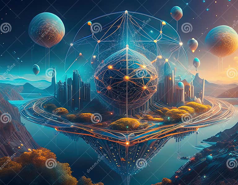 Abstract Digital World Illustration with Interconnected Nodes and ...