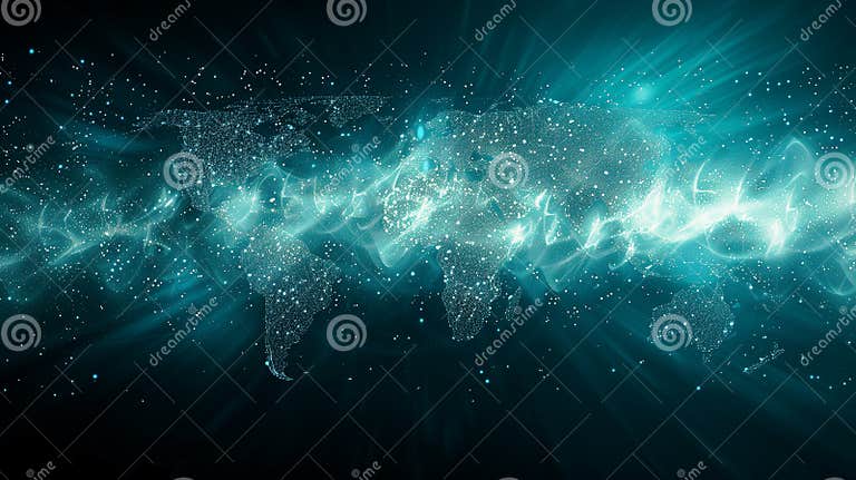 Abstract Digital World Map with Glowing Blue Particles and Light Waves ...
