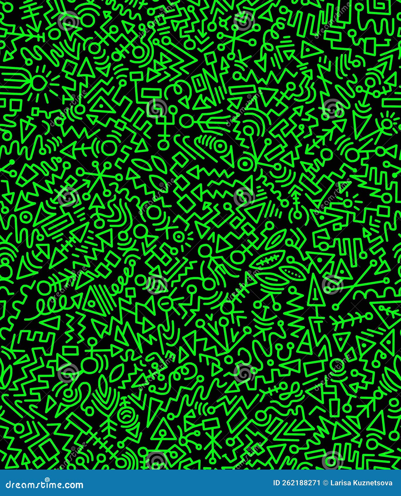 Abstract Doodle Drawing with Green Lines on Black Background. Stock ...