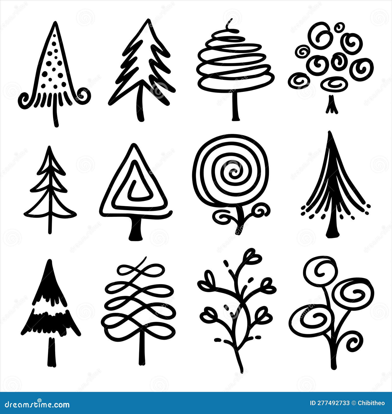 Abstract Doodle Hand Drawn Set, Black Thin Line Trees Stock Vector ...