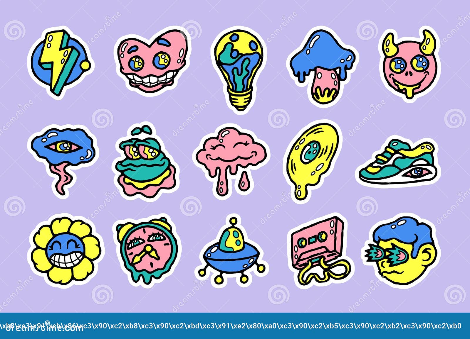 Abstract Doodle Sticker. Cartoon Psychedelic Comic Characters and ...