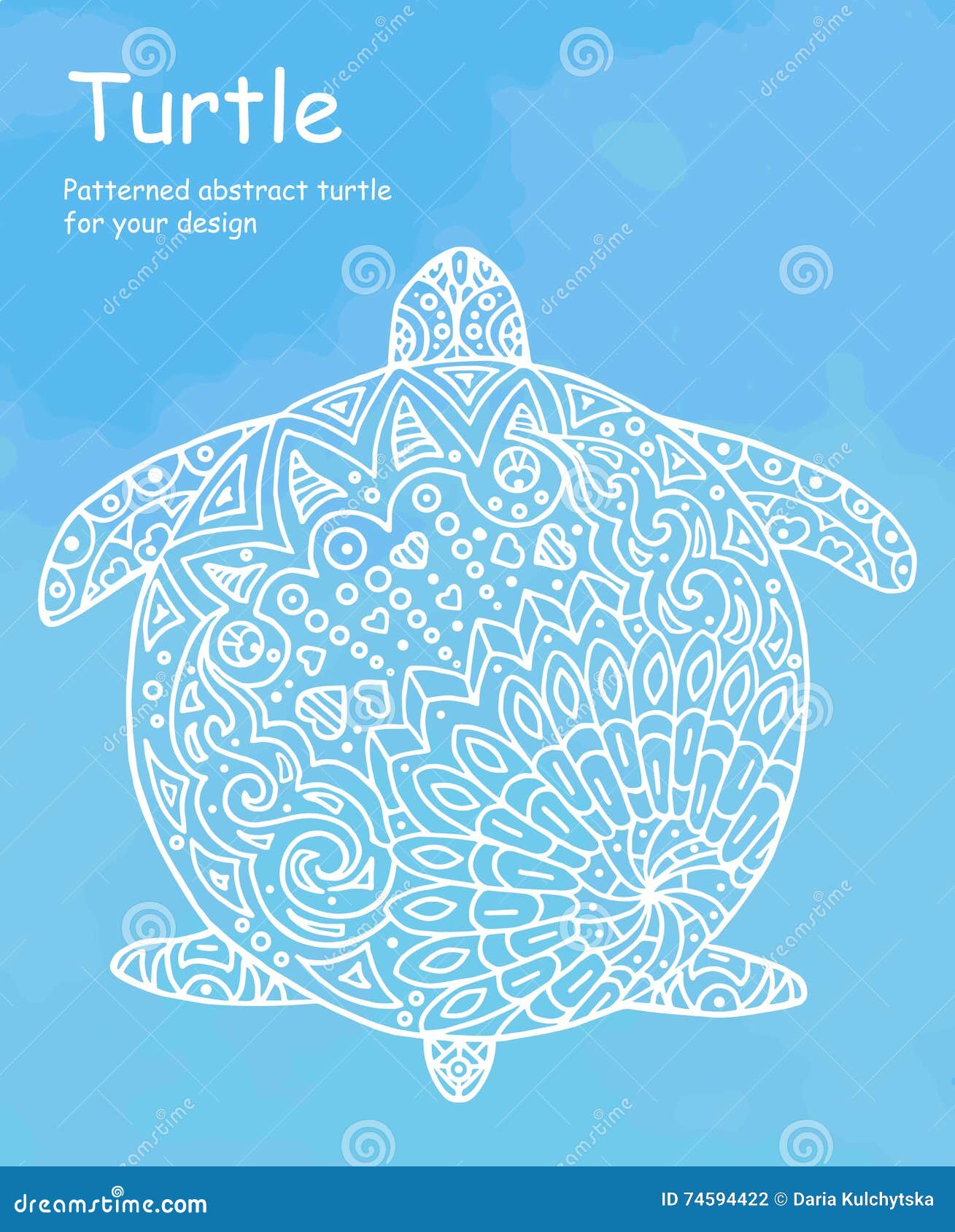 Abstract Doodle Turtle Illustration. On A Blue Watercolor Background ...