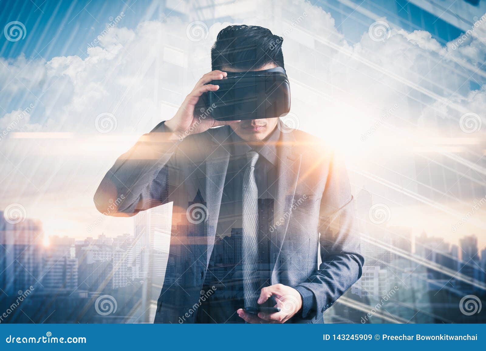 The Abstract Double Exposure Image of Businessman Using a Smart Glasses ...