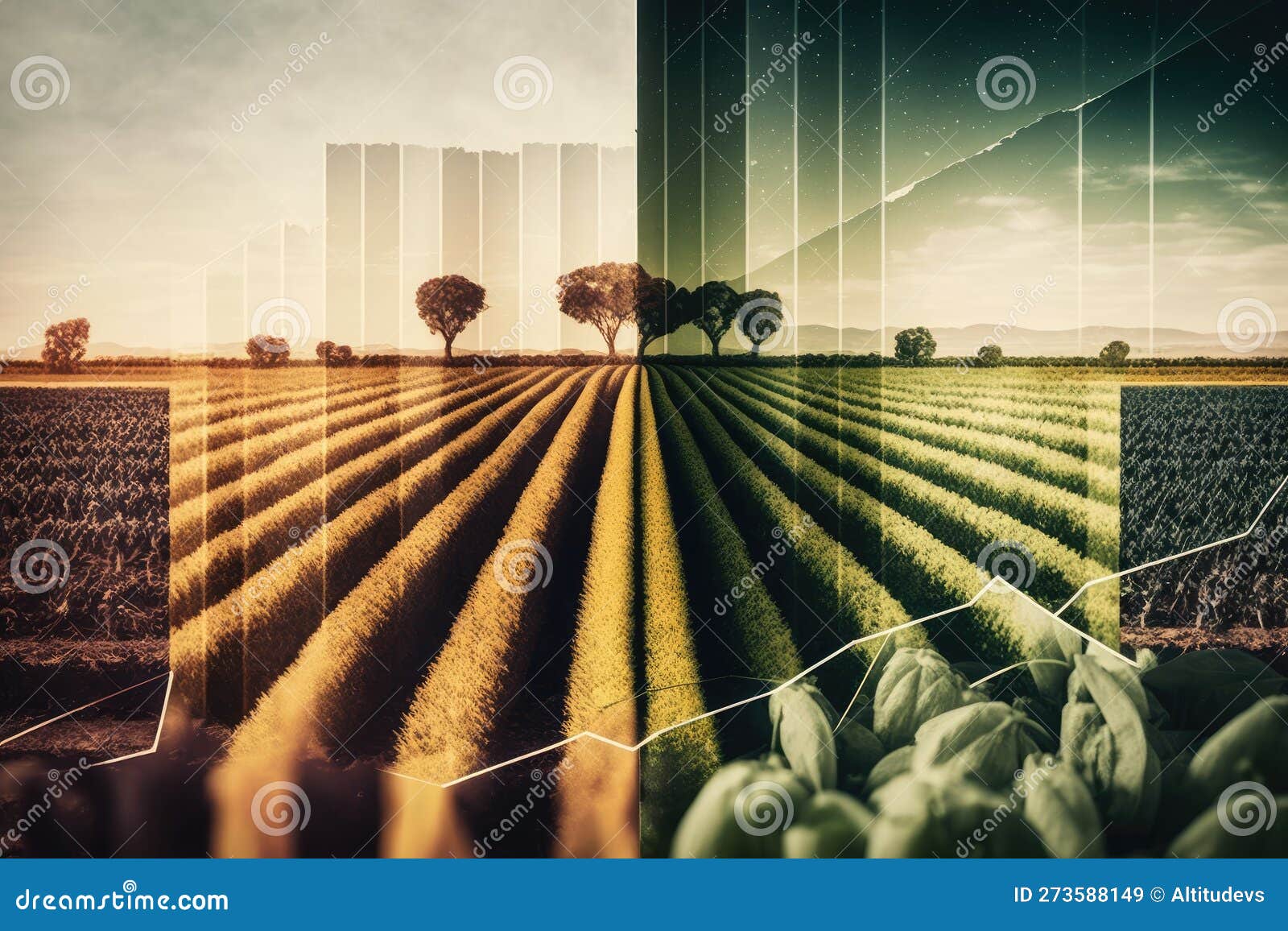 Abstract Double Exposure of Rows of Crops and the Natural Landscape ...
