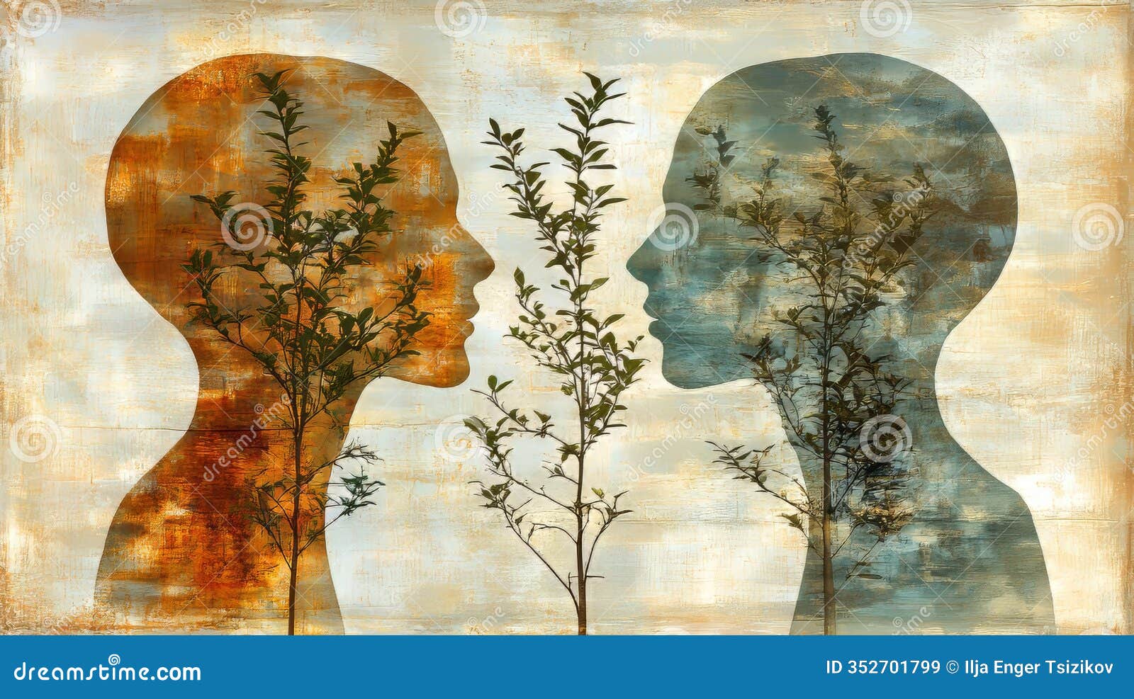 Abstract Double Profile Portrait Featuring Painterly Branches, Human ...