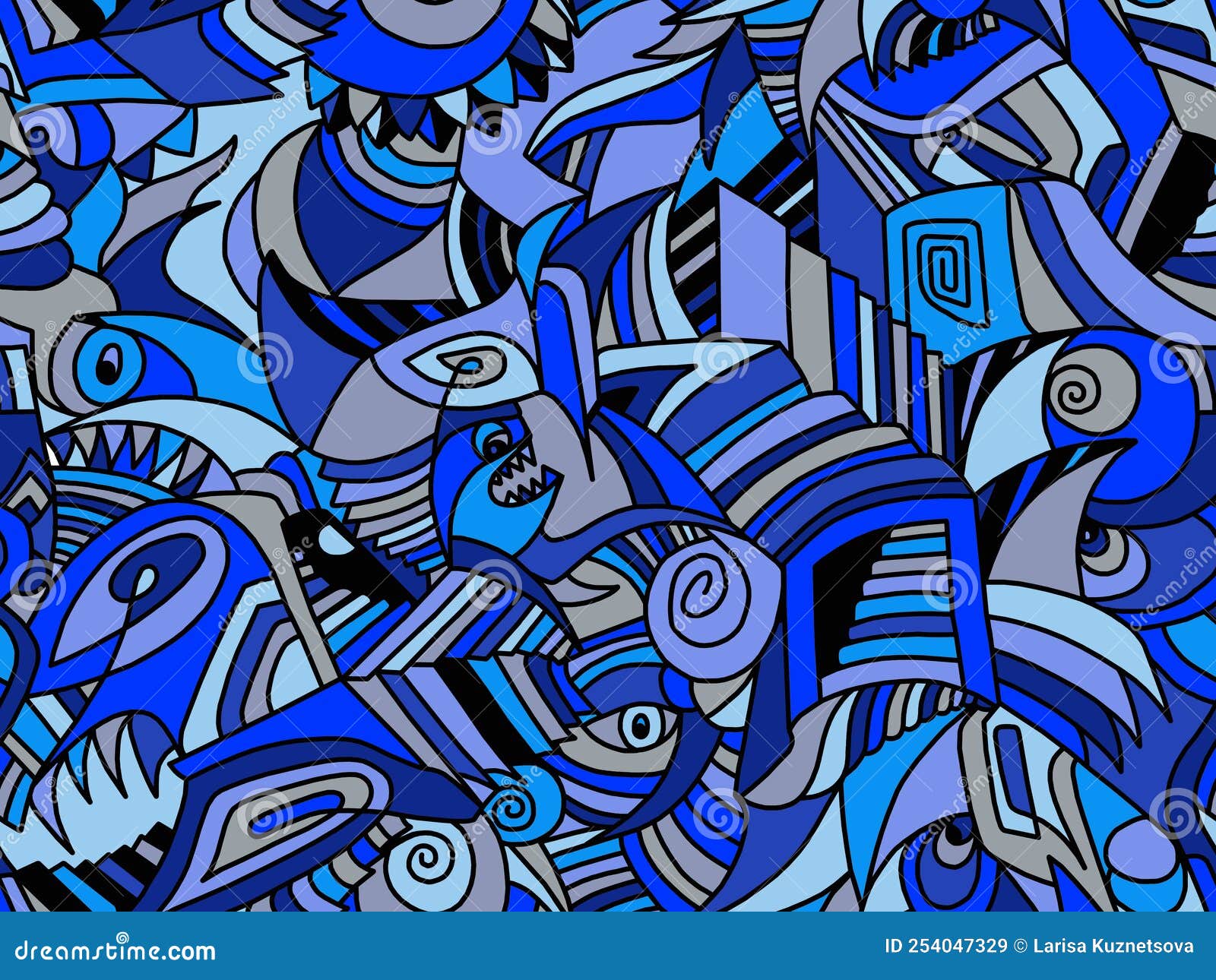 Abstract Drawing of Black Lines Painted in Different Blue Tones. Stock ...