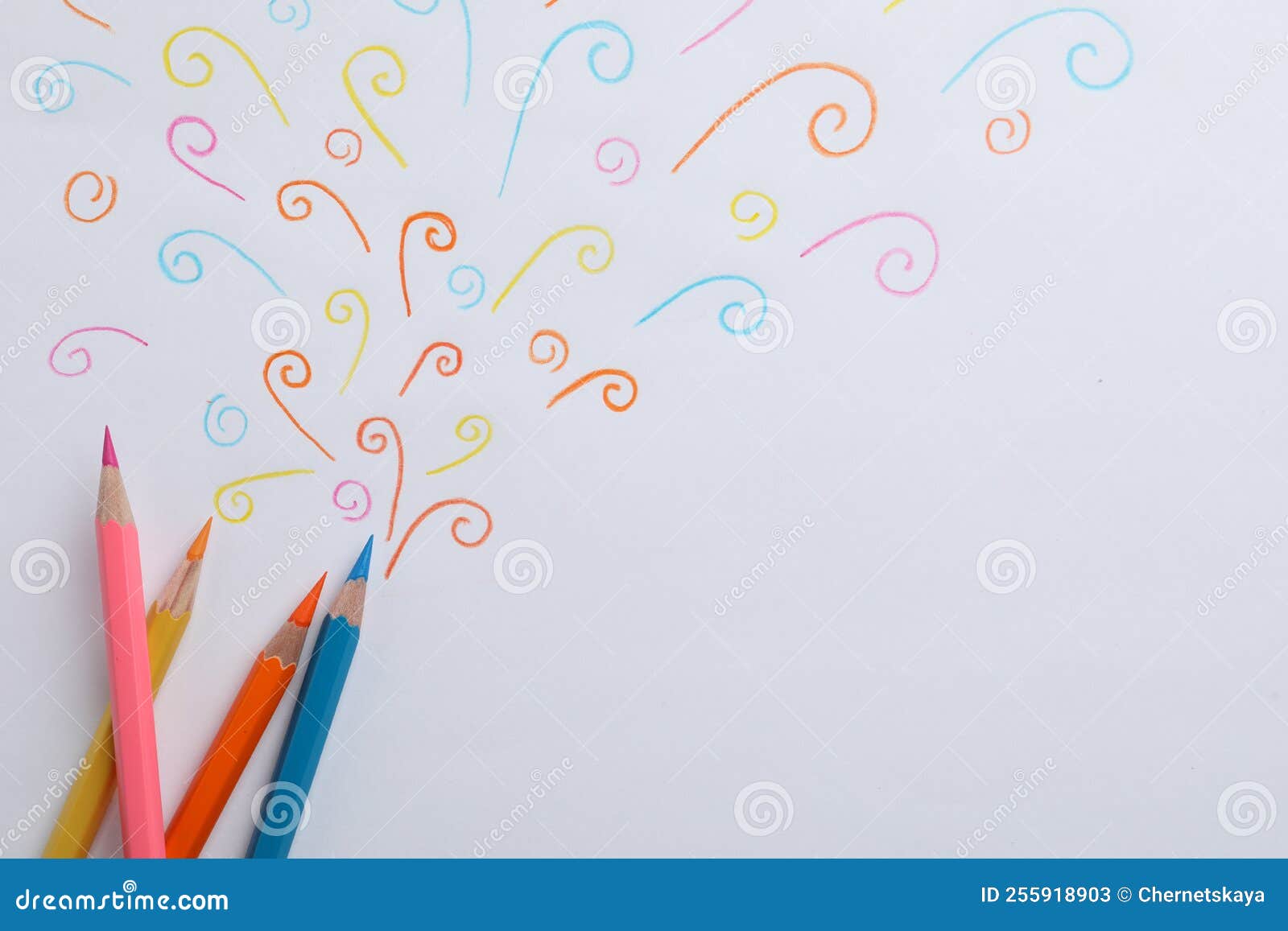 Abstract Drawing and Colorful Pencils on White Background, Top View ...