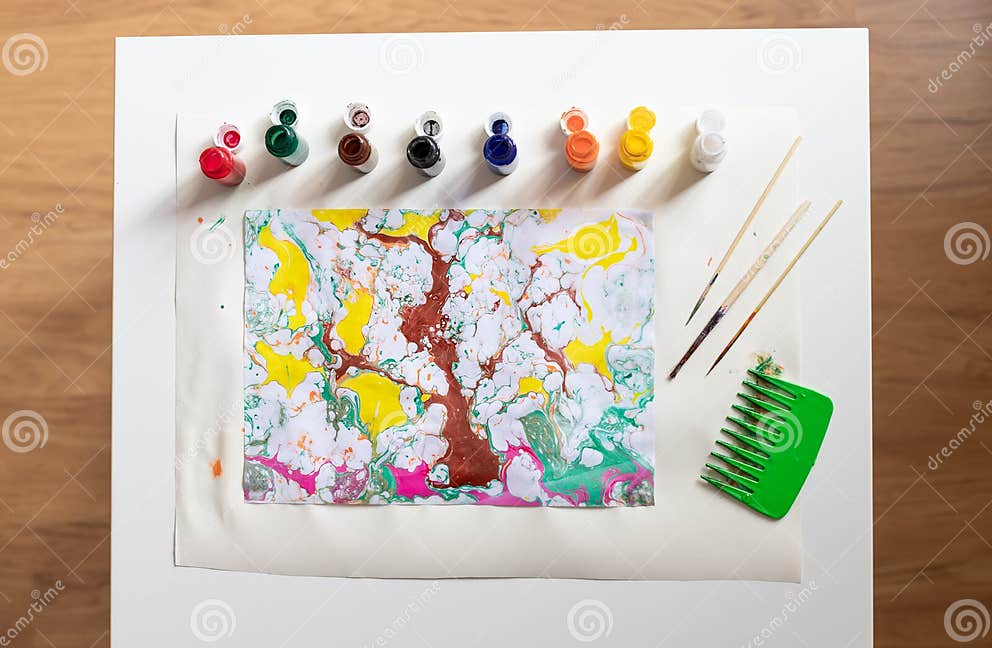 Abstract Drawing Ebru and Set of Tools on Table Stock Image - Image of ...