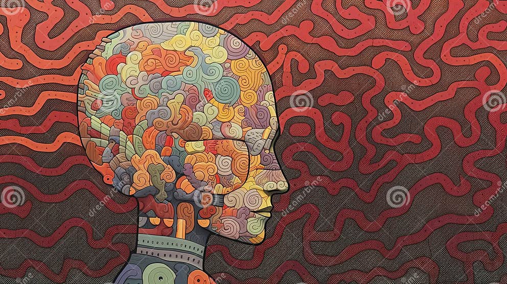 Abstract Drawing of a Human Head with Labyrinths and Shapes ...